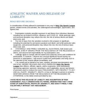 Athletic Waiver And Release Of Liability Doc Template Pdffiller