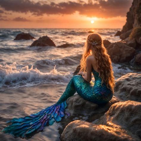 Premium Photo A Red Haired Mermaid Sitting On A Rock On The Beach