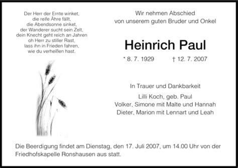 Traueranzeigen Von Heinrich Paul Trauer HNA De