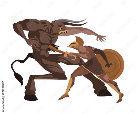 Theseus Killing The Creature Minotaur Greek Mythology Tale Vector De