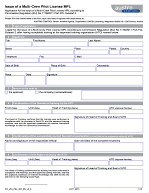 Fillable Online Issue Of A Multi Crew Pilot License MPL Application For