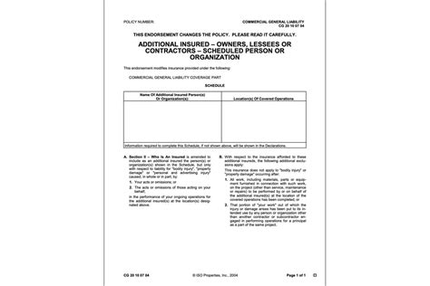 Fillable Additional Insured Form Cg 20 10 0704 Printable Forms Free