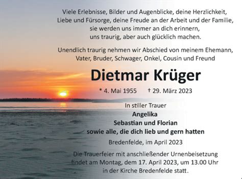 Traueranzeigen von Dietmar Krüger Trauer Nordkurier