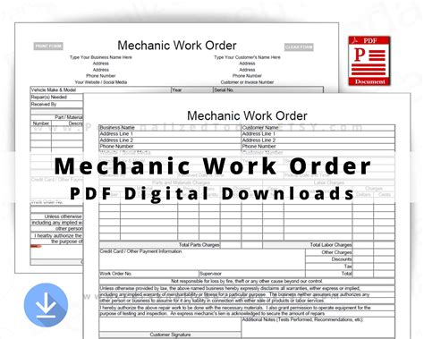 Printable Mechanic Work Order IMPORTANT Please Review ALL Listing