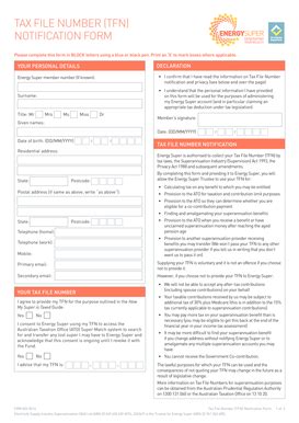 Fillable Online Energysuper Tax File Number Tfn Notification Form