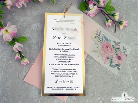 Zaproszenia ślubne z kalką na złotym papierze z efektem lustra ZAP 138