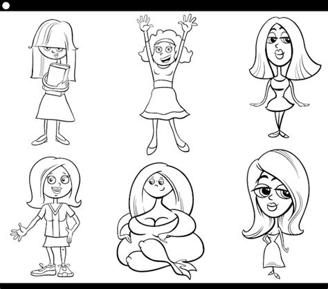 Ilustração de desenho animado preto e branco do conjunto de personagens