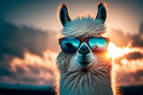 Premium Ai Image A Llama Wearing Sunglasses And A Sunset In The