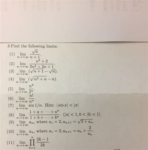 solved 3 find the following limits vn 1 lm n oo n 1 n2 2