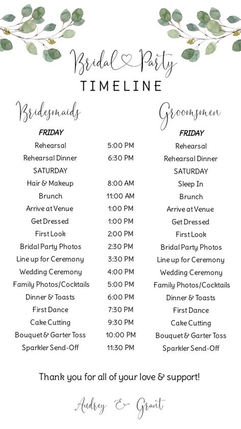 Bridal Party Itinerary Digital Wedding Timeline Editable Schedule