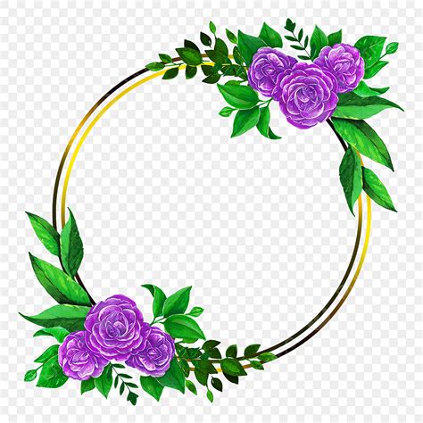 Quadro De Círculo Ouro Rosa Roxa E Folhas PNG Elemento De