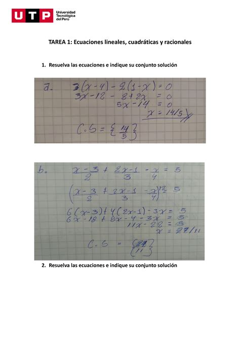 Tarea 1 Ecuaciones lineales cuadráticas y racionales TAREA 1