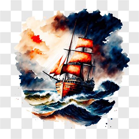 Descarga Pintura de un Viejo Barco Navegando en el Océano PNG En Línea