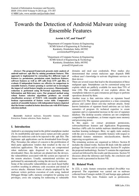 pdf towards the detection of android malware using ensemble features