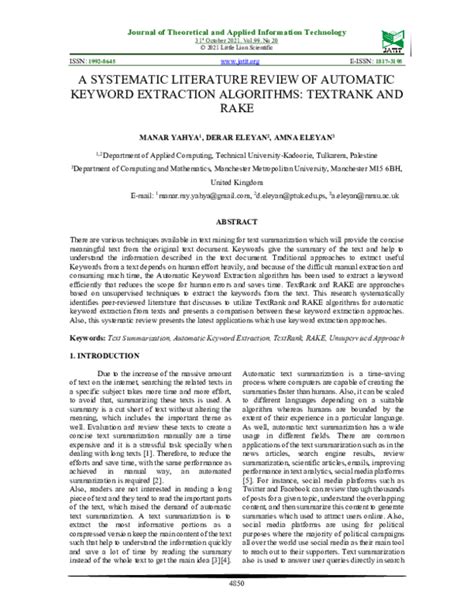 pdf a systematic literature review of automatic keyword extraction algorithms textrank and