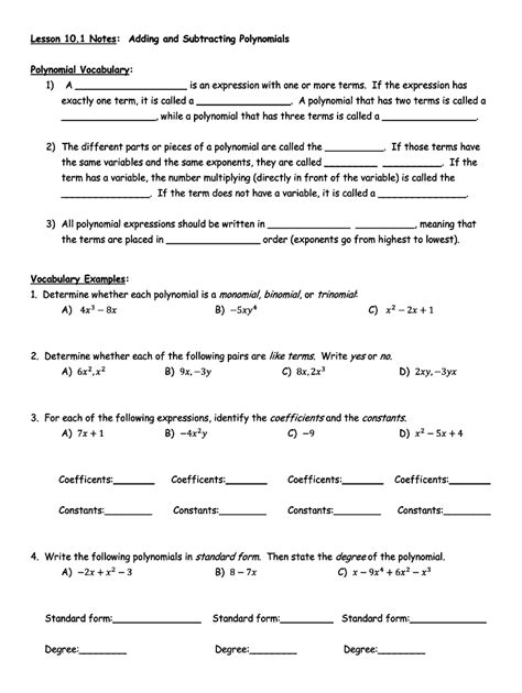 adding and subtracting polynomials worksheet fill online printable fillable blank pdffiller