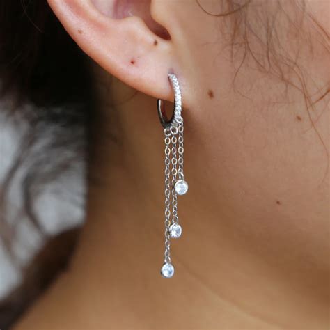 Fine 925 Sterling Silver Round Cz Tassel Long Chain Dangle Earrings