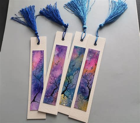 Watercolor Bookmarks Set Of 4 Abstract Painting Tree And Sky Hand
