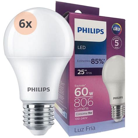 Kit 6 Lâmpadas Led Philips Bulbo 9w Equivale 60w Branco Frio 6500k Luz