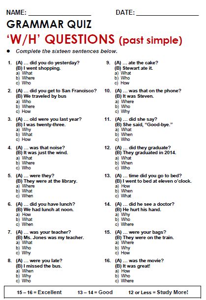 W H Questions Past Simple All Things Grammar English Grammar Test