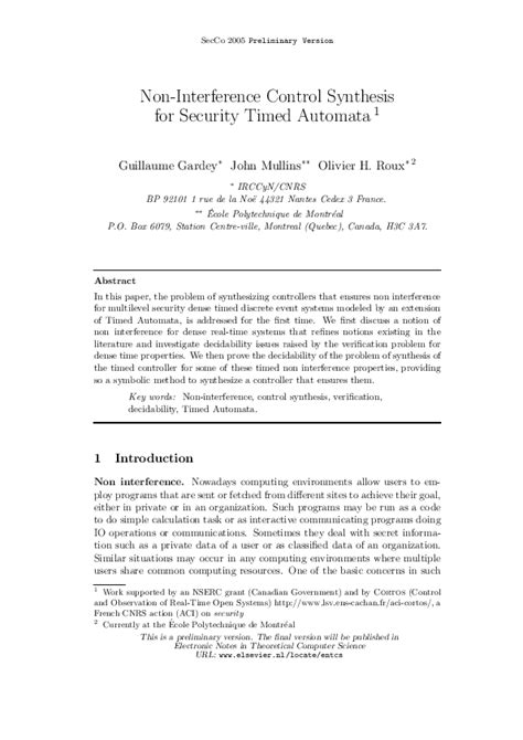pdf non interference control synthesis for security timed automata john mullins