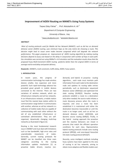pdf improvement of aodv routing on manets using fuzzy systems