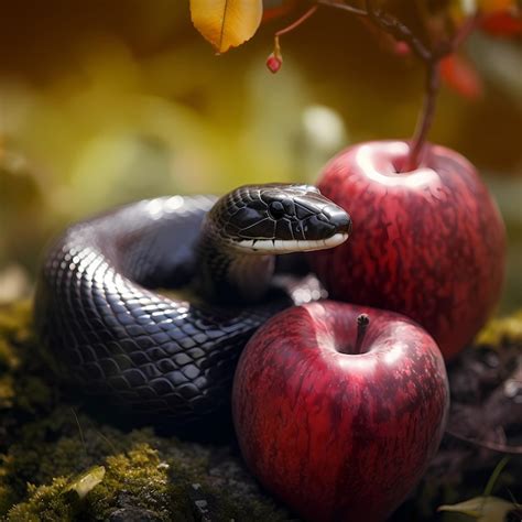 Cobra preta uma fruta de maçã em um galho de uma árvore conceito de