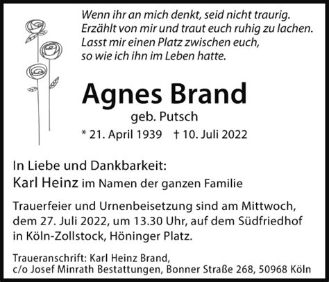 Traueranzeigen Von Agnes Brand WirTrauern