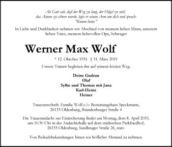 Traueranzeigen Von Werner Max Wolf Nordwest Trauer De