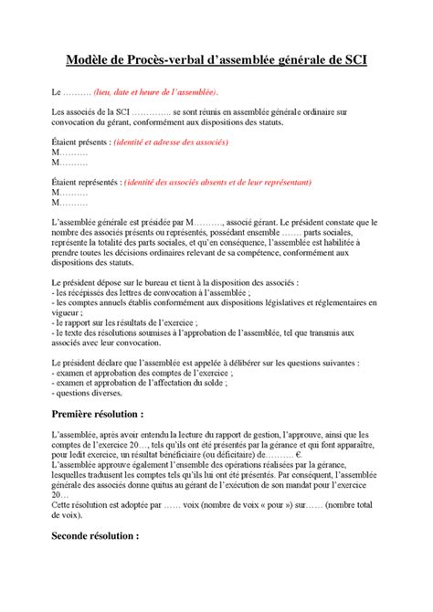 Modèle de procès verbal dassemblée générale de SCI DOC PDF page 1