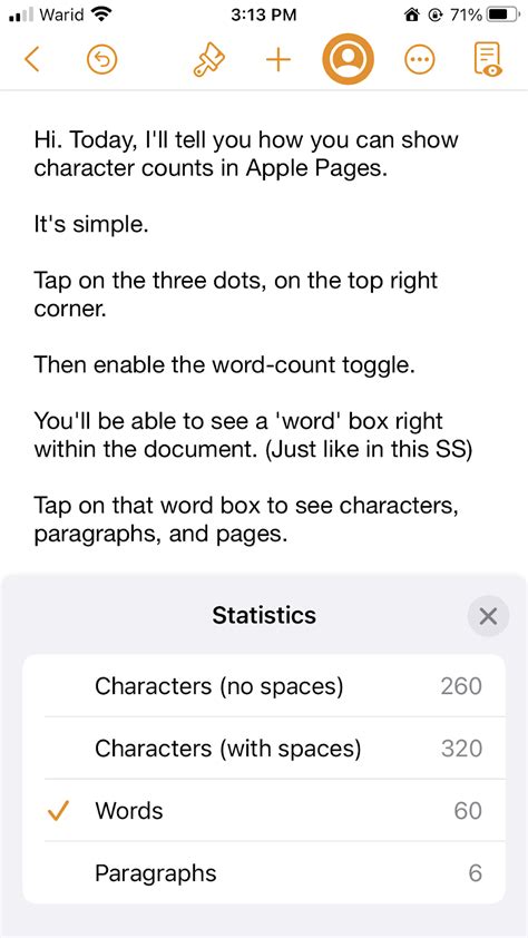 how to show a character count in pages