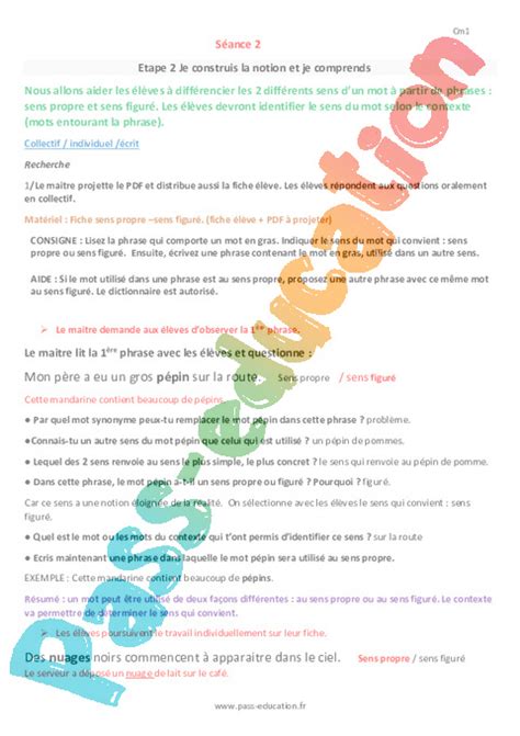 Sens propre Sens figuré Cm1 Fiche de préparation PDF à imprimer