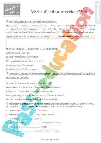 Evaluation Avec Le Corrig Pour Le Cm Sur Le Verbe Daction Et Verbe D