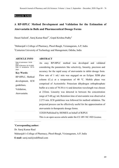 pdf a rp hplc method development and validation for the estimation of atorvastatin in bulk and