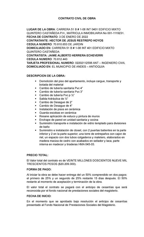 Contrato Civil De Obra Apuntes Contrato Civil De Obra Lugar De La