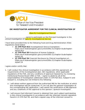 IDE Investigator Agreement Template Research Vcu Doc Template PdfFiller