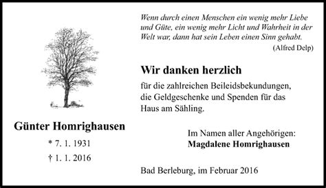 Traueranzeigen von Günter Homrighausen Trauer in NRW de