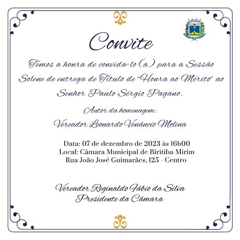 Convite Sessão Solene Câmara Municipal de Biritiba Mirim