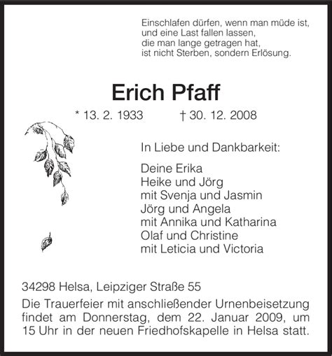 Traueranzeigen Von Erich Pfaff Trauer Hna De