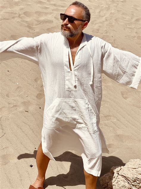 Mens White Caftan Cotton Gauze Kaftan For Men Mid Calf Caftan Pool