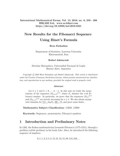 pdf new results for the fibonacci sequence using binet s formula