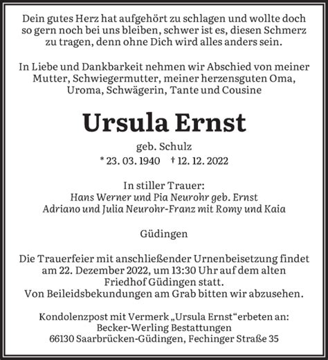 Traueranzeigen Von Ursula Ernst Saarbruecker Zeitung Trauer De