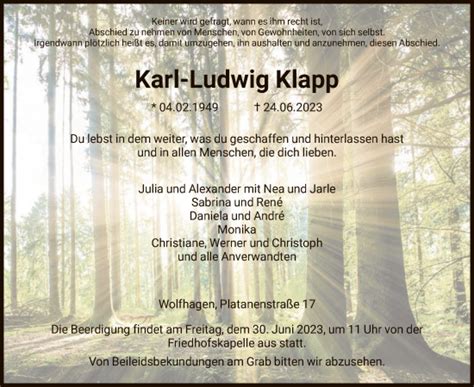 Traueranzeigen Von Karl Ludwig Klapp Trauer HNA De