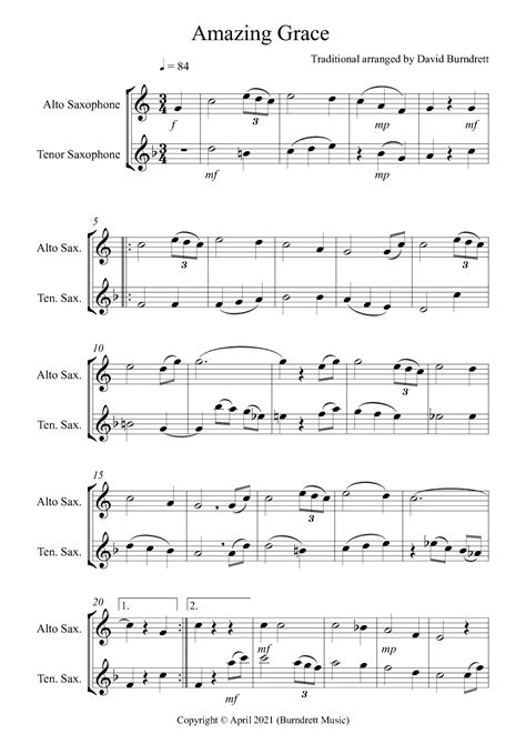 Amazing Grace For Alto And Tenor Saxophone Duet Arr David Burndrett
