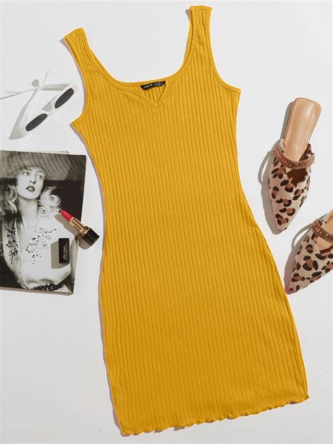 SHEIN EZwear Notched Neck Rib Knit Lettuce Hem Bodycon Dress SHEIN UK