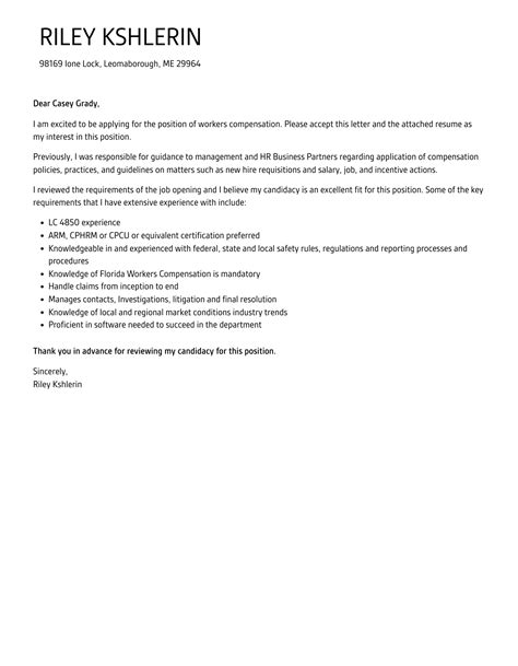 Workers Compensation Cover Letter Velvet Jobs