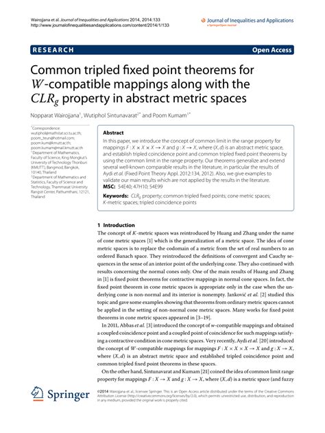 pdf common tripled fixed point theorems for w compatible mappings along with the clr g