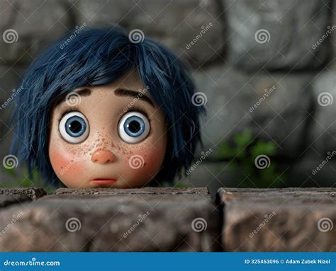 Curious Cartoon Character Peeking Out From Behind Wall Stock