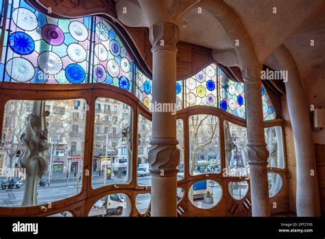 Large Window With Stained Glass Windows And Columns In The Main Hall Of