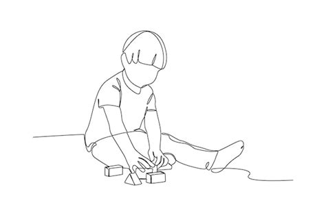 Niño de dibujo de una sola línea jugando bloques Niños jugando con el